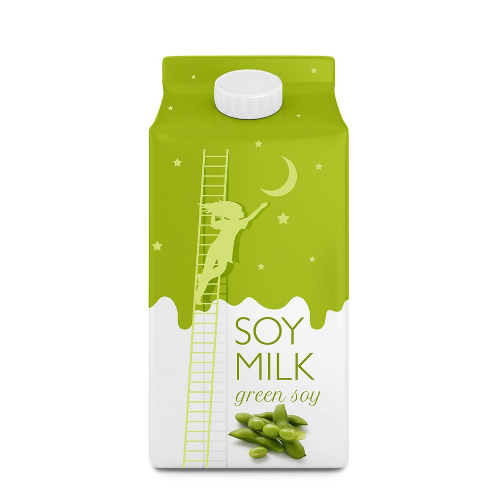 Creative, minimalistic illustrated packaging of soy milk